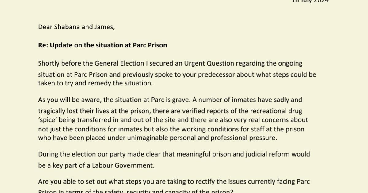 HMP Parc Prison, Bridgend update. - Chris Elmore MP